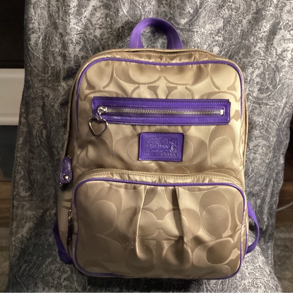 Coach | Bags | Coach Poppy Large Purple And Cream Monogram Backpack ...